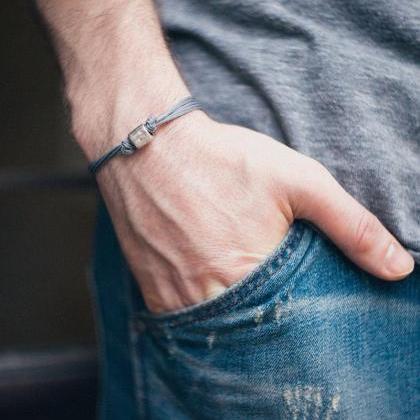 Men's Bracelet With A Silver Tube Charm And A Gray Cord, Bracelet For ...