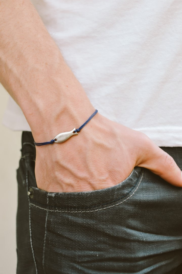 Men's Bracelet, Blue Bracelet For Men With A Silver Plated Fish Charm ...