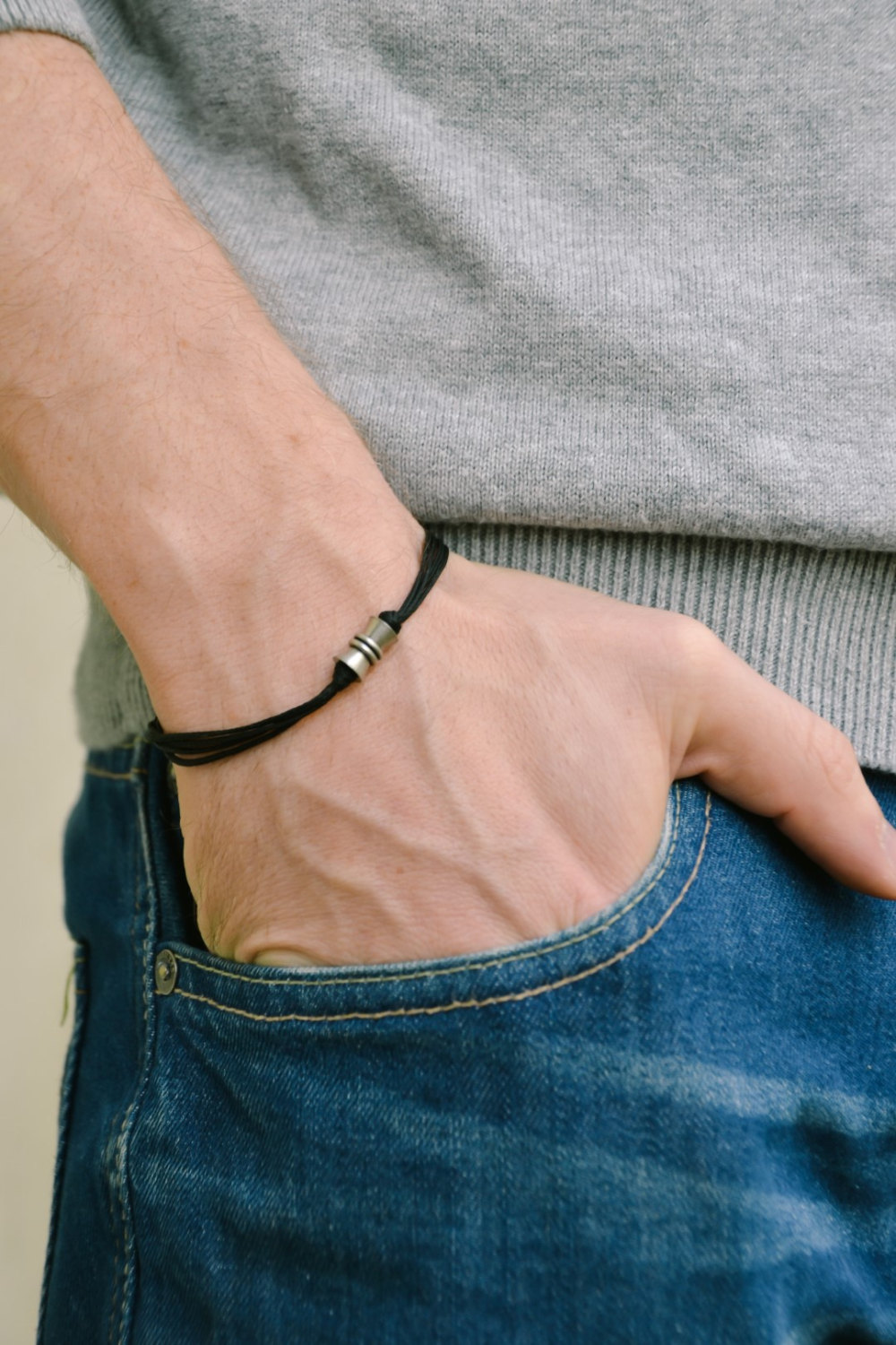 Men's Bracelet With A Silver Tube Charm And A Black Cord, Bracelet For ...