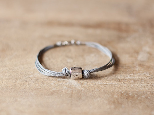 Men's Bracelet With A Silver Tube Charm And A Gray Cord, Bracelet For ...