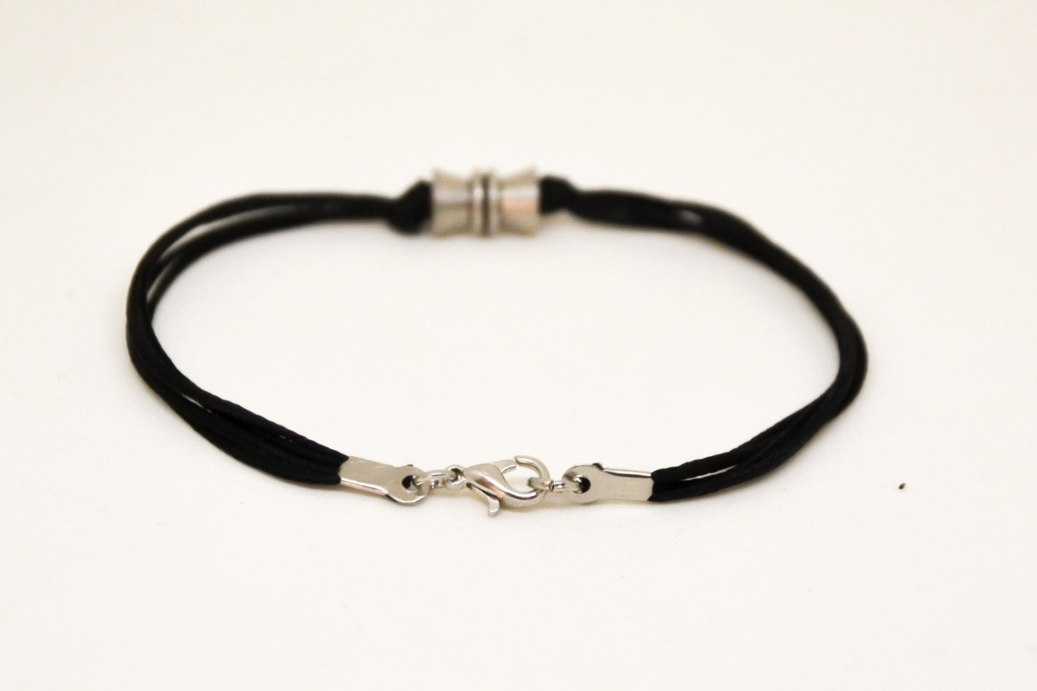 Men's Bracelet With A Silver Tube Charm And A Black Cord, Bracelet For ...