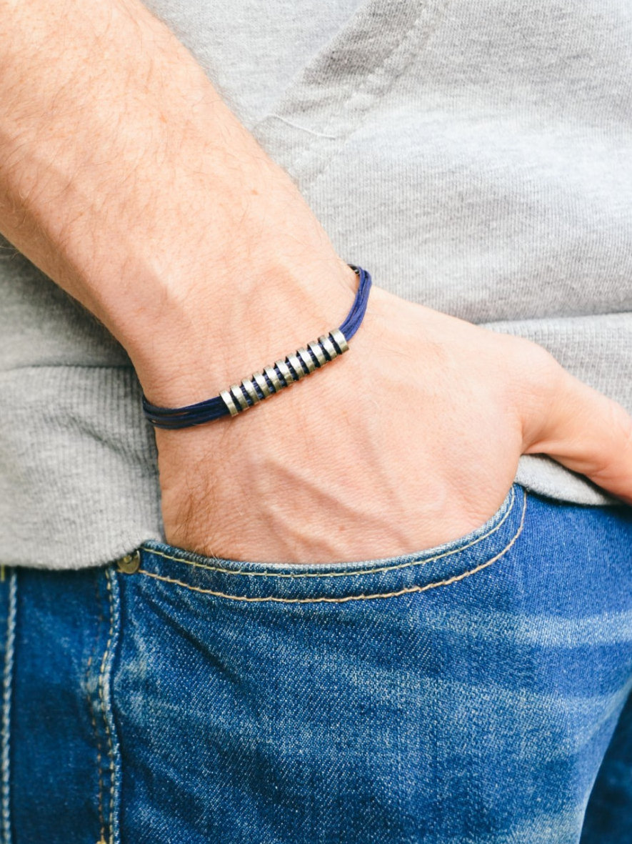 Men's Bracelet, Blue Cord Bracelet For Men, Long Striped Silver Bar ...